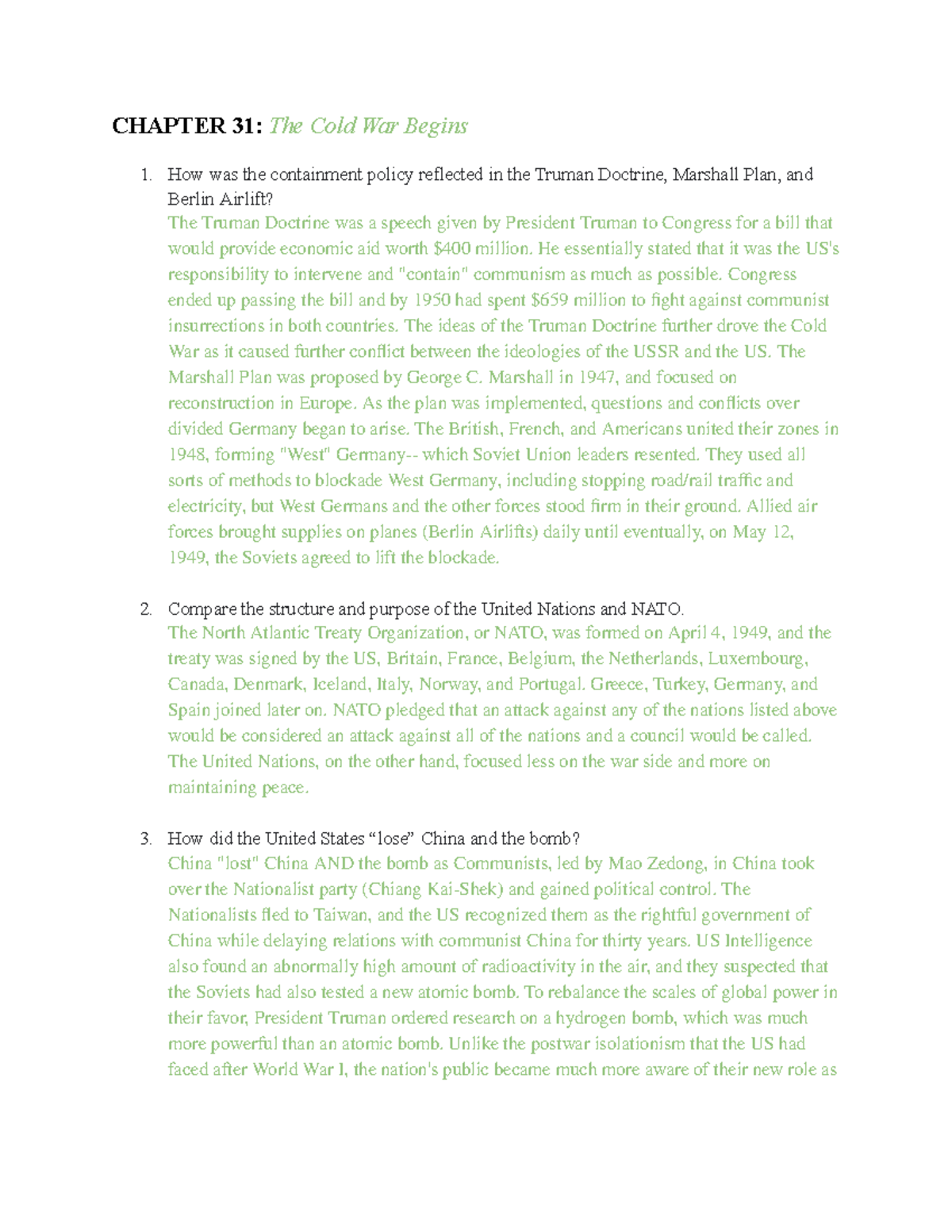 Chapter 31 HW Questions - CHAPTER 31: The Cold War Begins How was the ...
