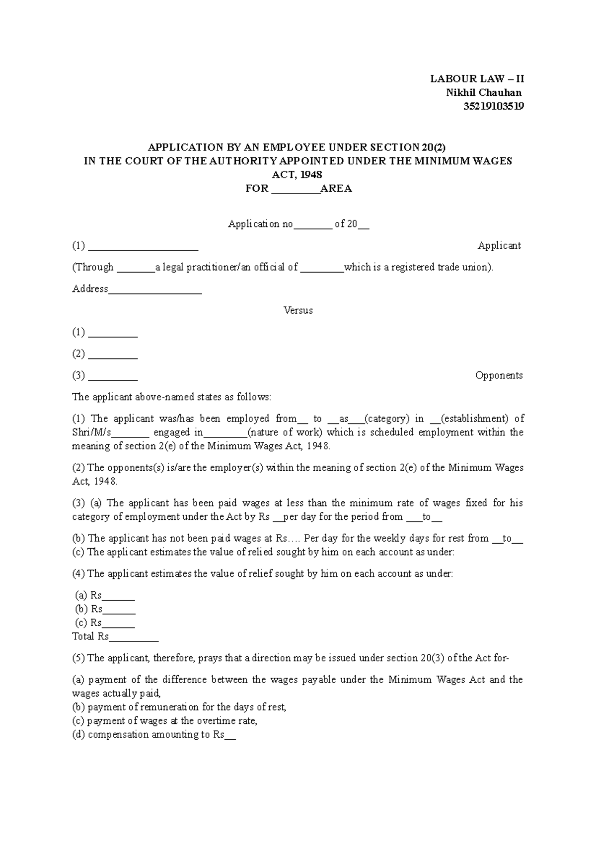 Application under section 20(2) - LABOUR LAW – II Nikhil Chauhan ...