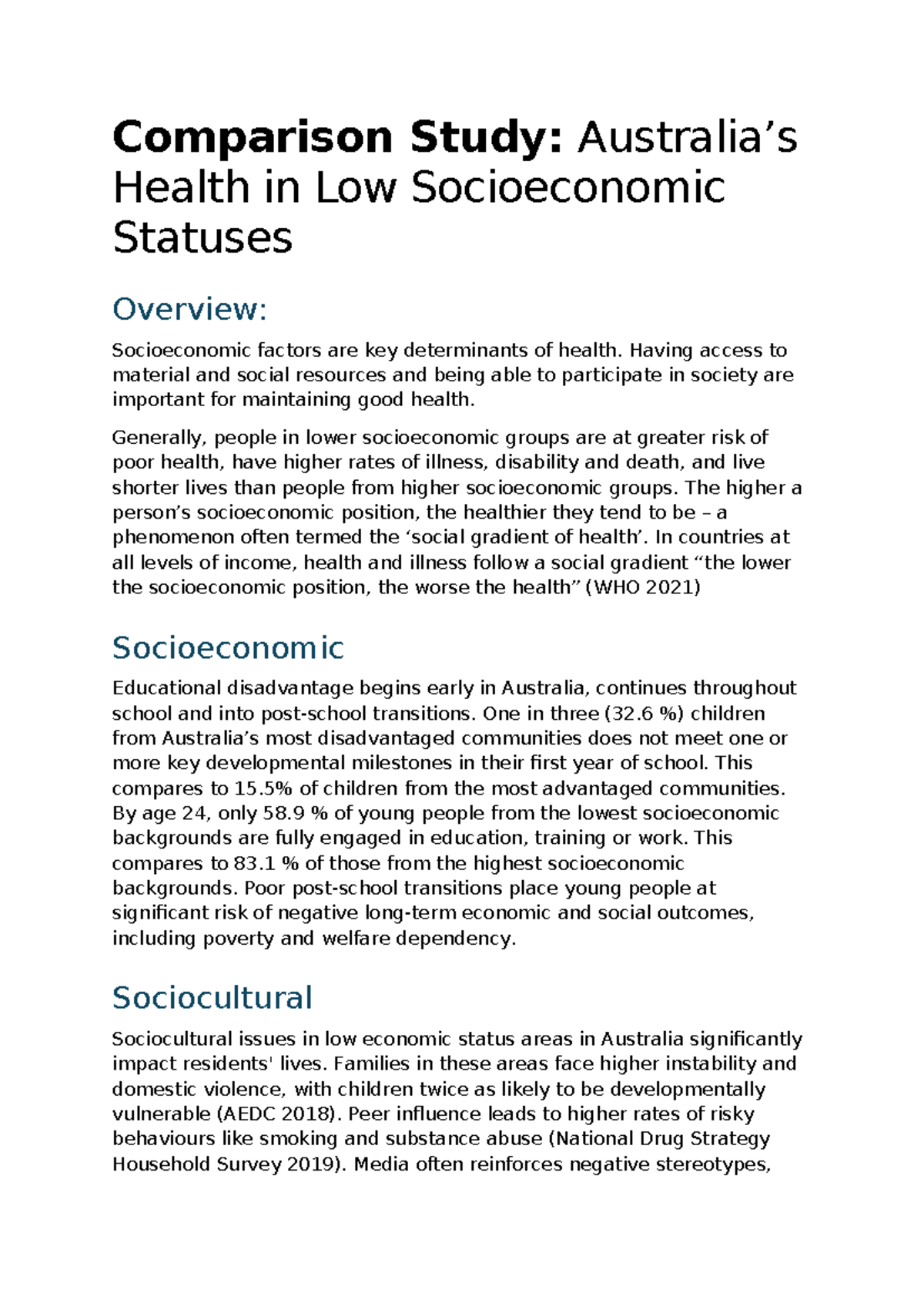 Comparison Study - Australia’s differences in Socioeconomic Status ...