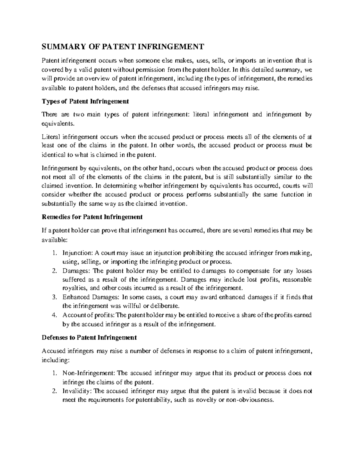 Summary of Patent Infringement - SUMMARY OF PATENT INFRINGEMENT Patent ...
