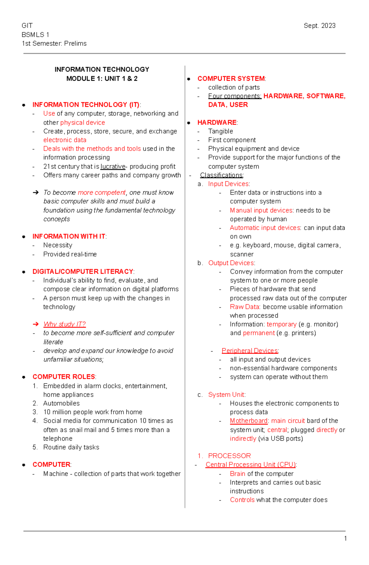 Reviewer (1st sem- prelims) GIT - BSMLS 1 1st Semester: Prelims ...