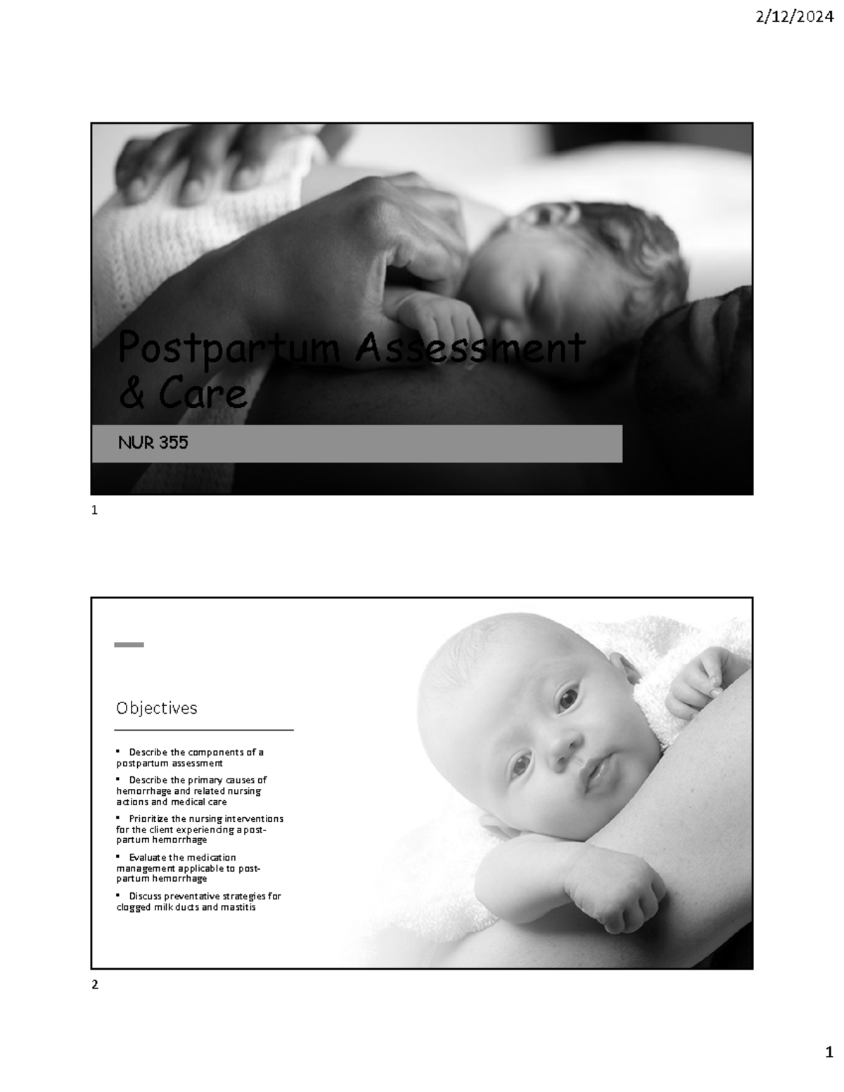 POstpartum Printout - Postpartum Assessment & Care NUR 355 Objectives ...