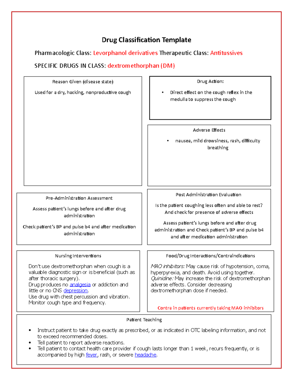 Pharm - Antitussives - Notes about drugs - Drug Classiicaion Template ...