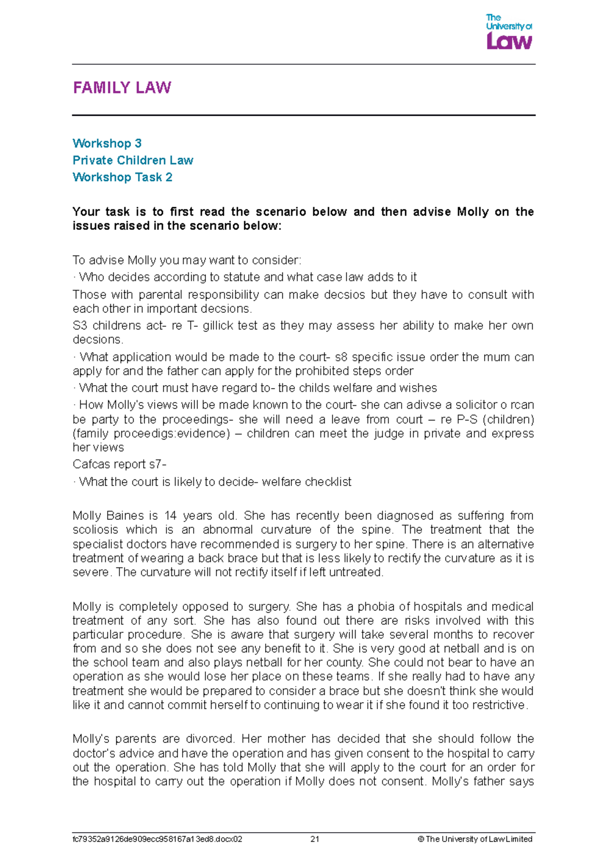 2223 fam level 5 ws03 ce01 workshop task 2 - FAMILY LAW Workshop 3 Private Children Law Workshop ...