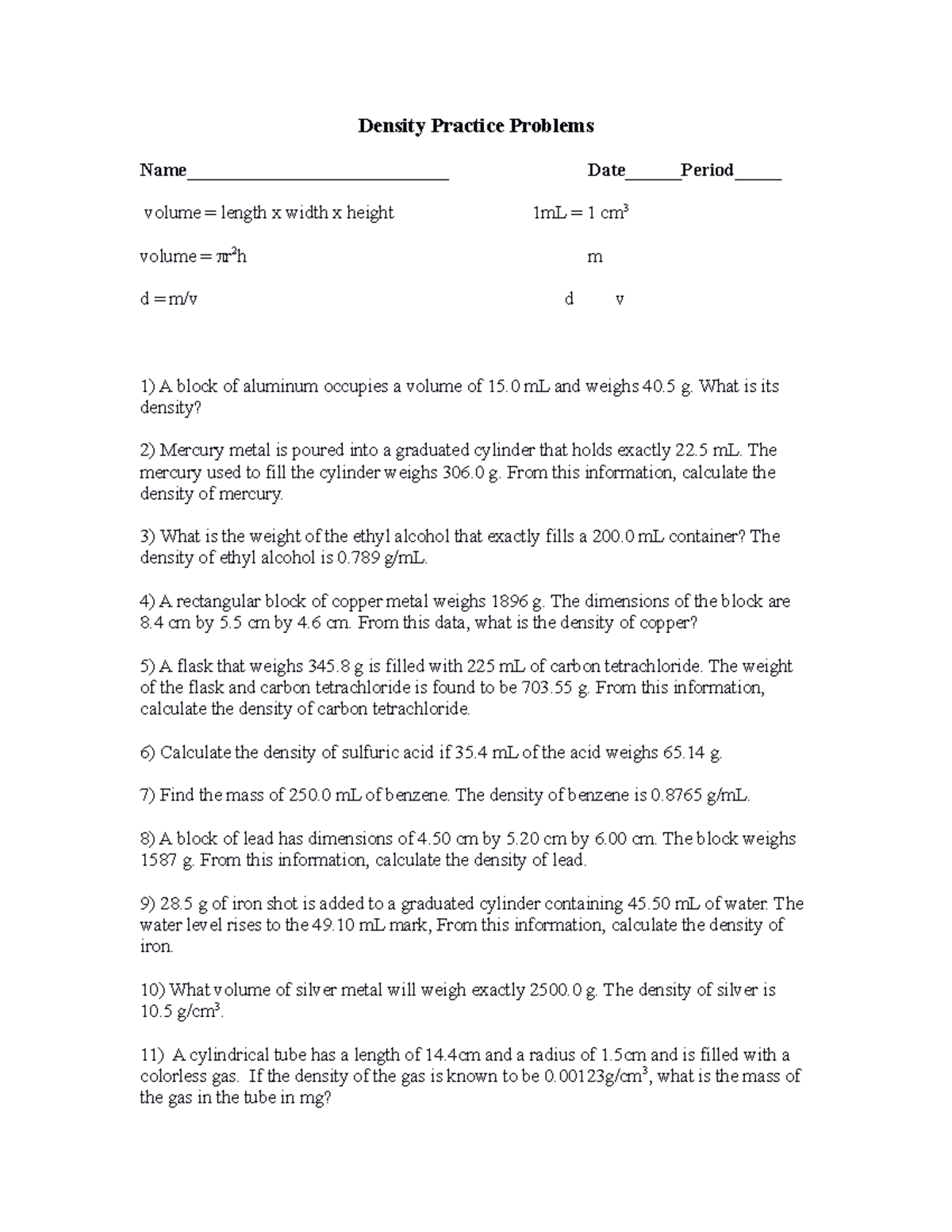 Density Practice Problems - Density Practice Problems Name ...