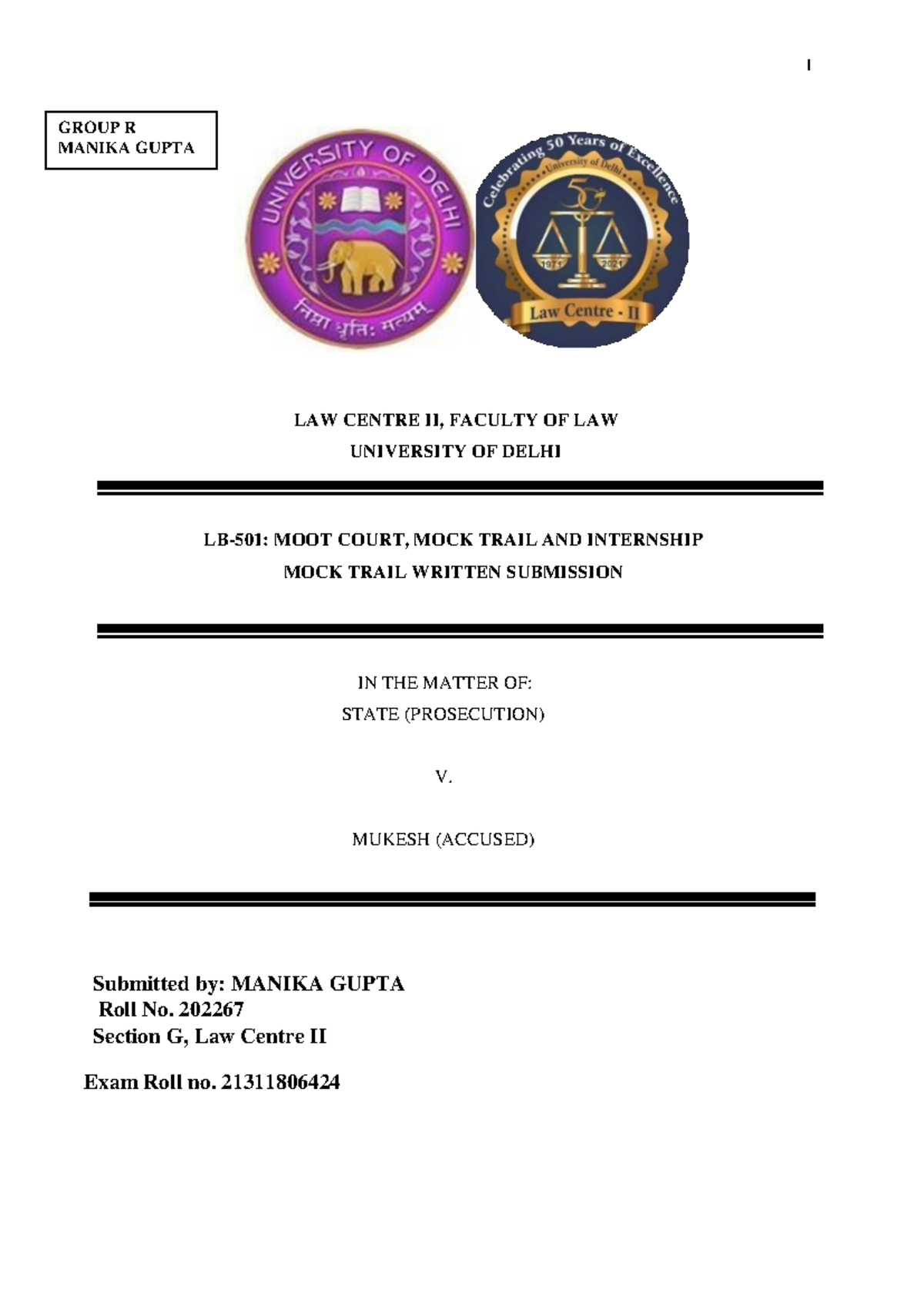 Mock Sample - It is helpful - LAW CENTRE II, FACULTY OF LAW UNIVERSITY ...