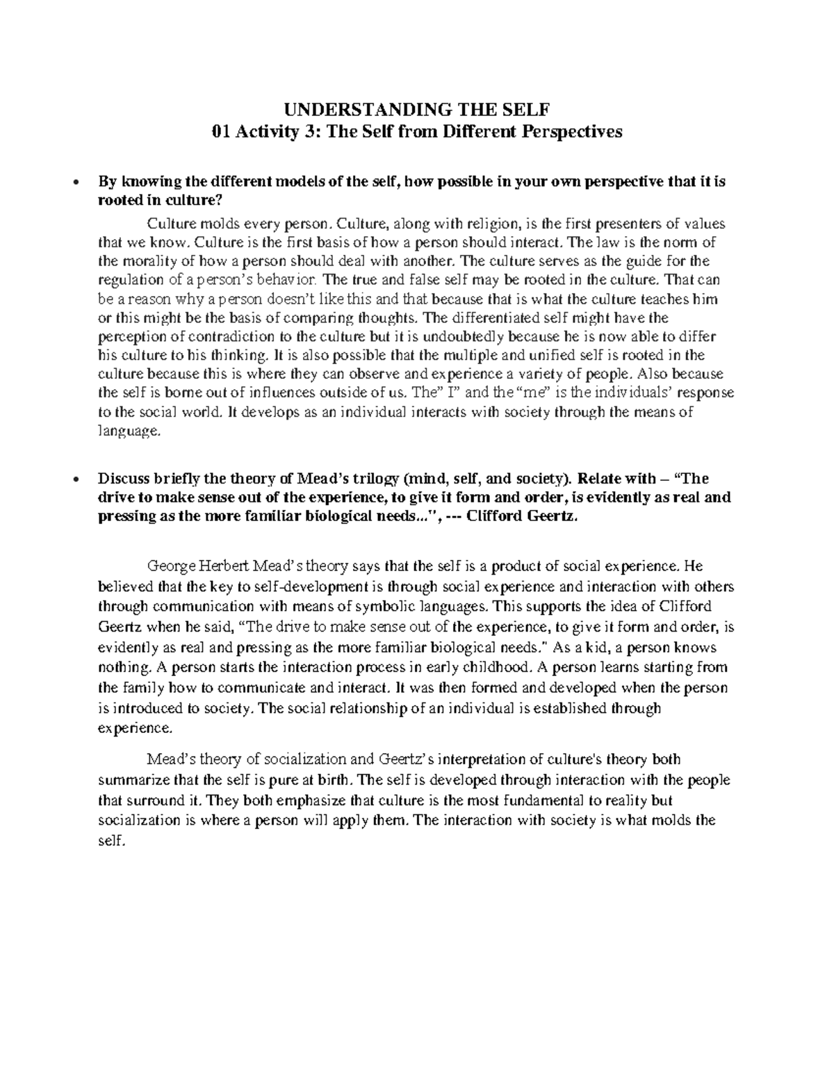 01 Activity 3 The Self from Different Perspectives - UNDERSTANDING THE SELF 01 Activity 3: The ...