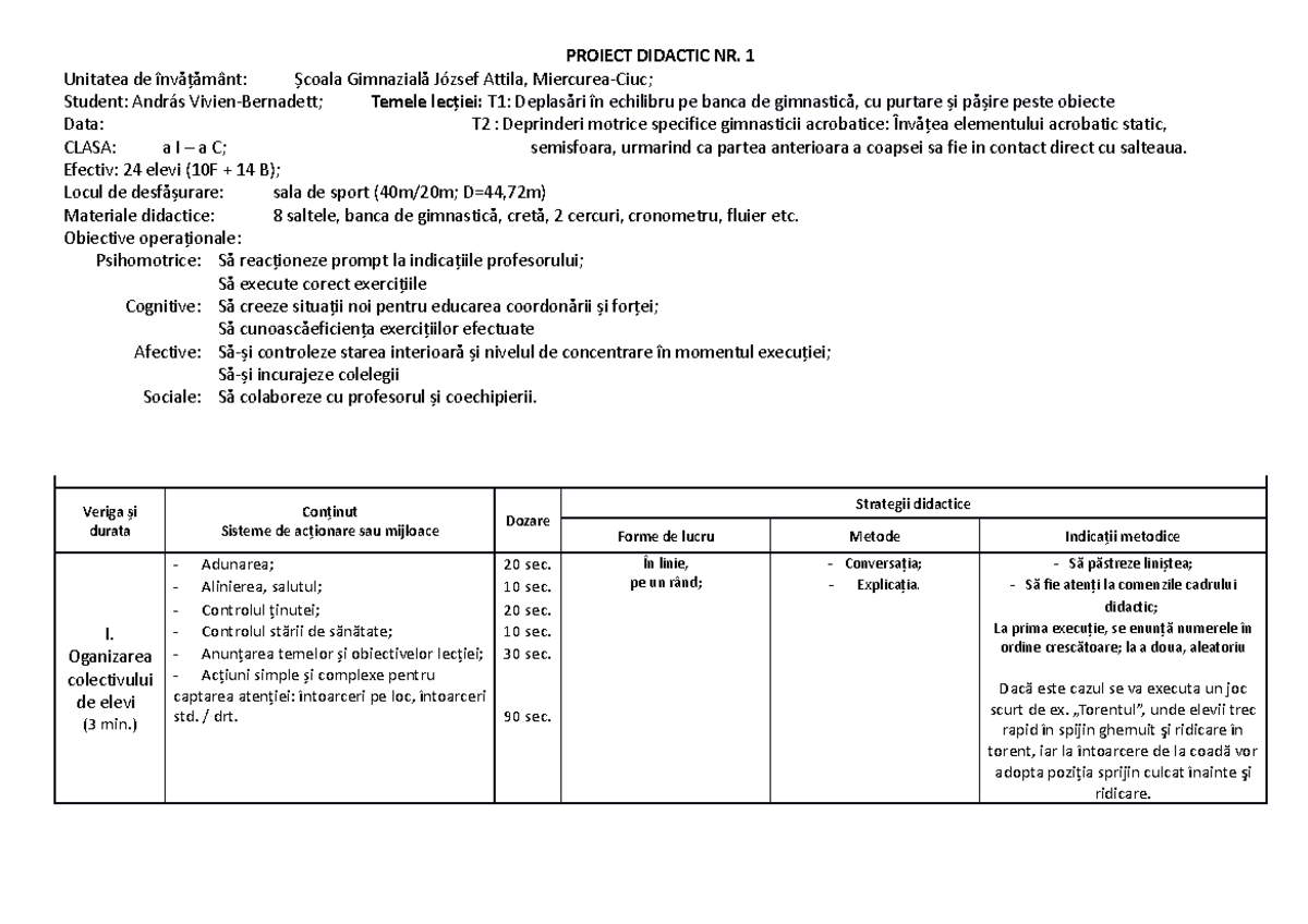 plan de lectie Gimnastica - PROIECT DIDACTIC NR. 1 Unitatea de ...