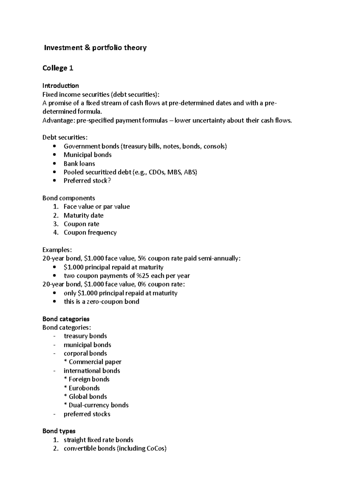 IPT 1 Summary 1-6 - Investment & portfolio theory College 1 ...