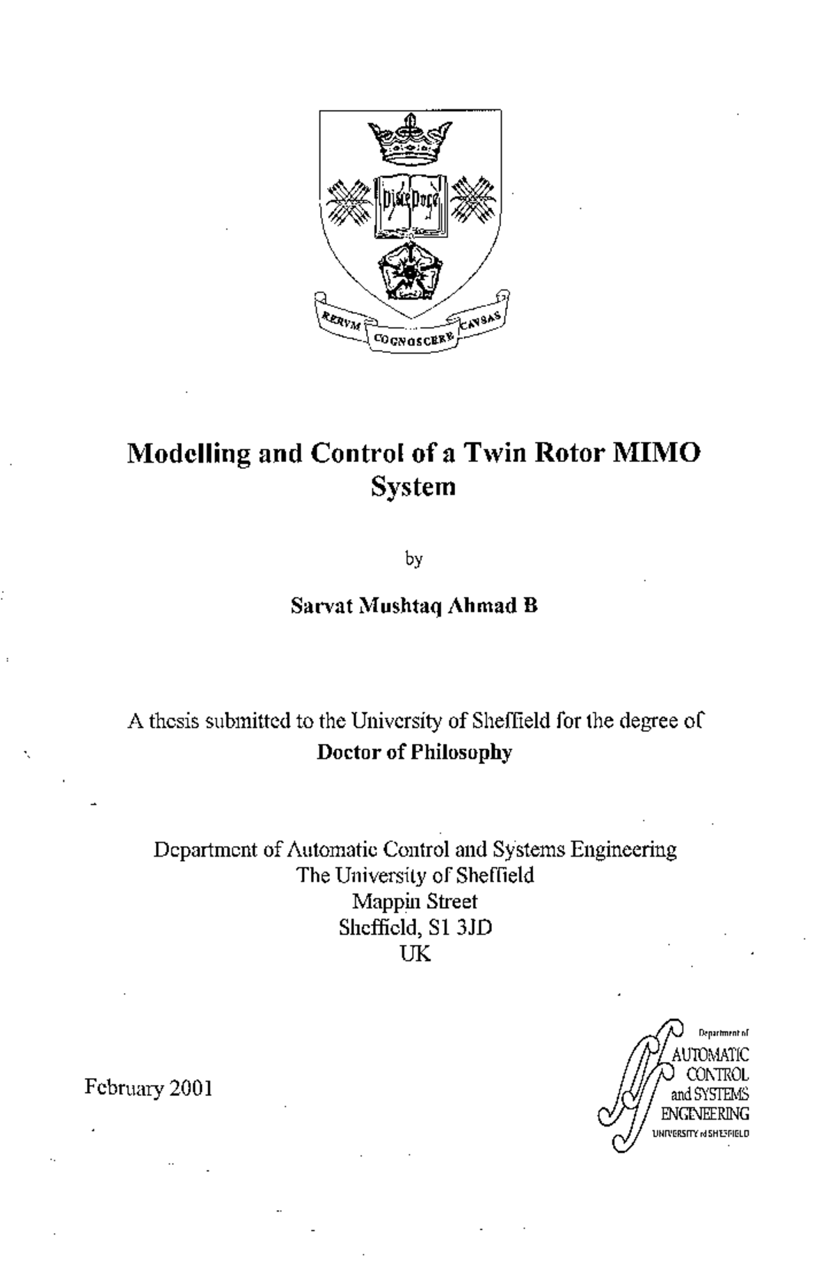 341827_sac TRMS - Modelling and Control of a Twin Rotor MIMO System by ####### Sarvat Mushtaq ...