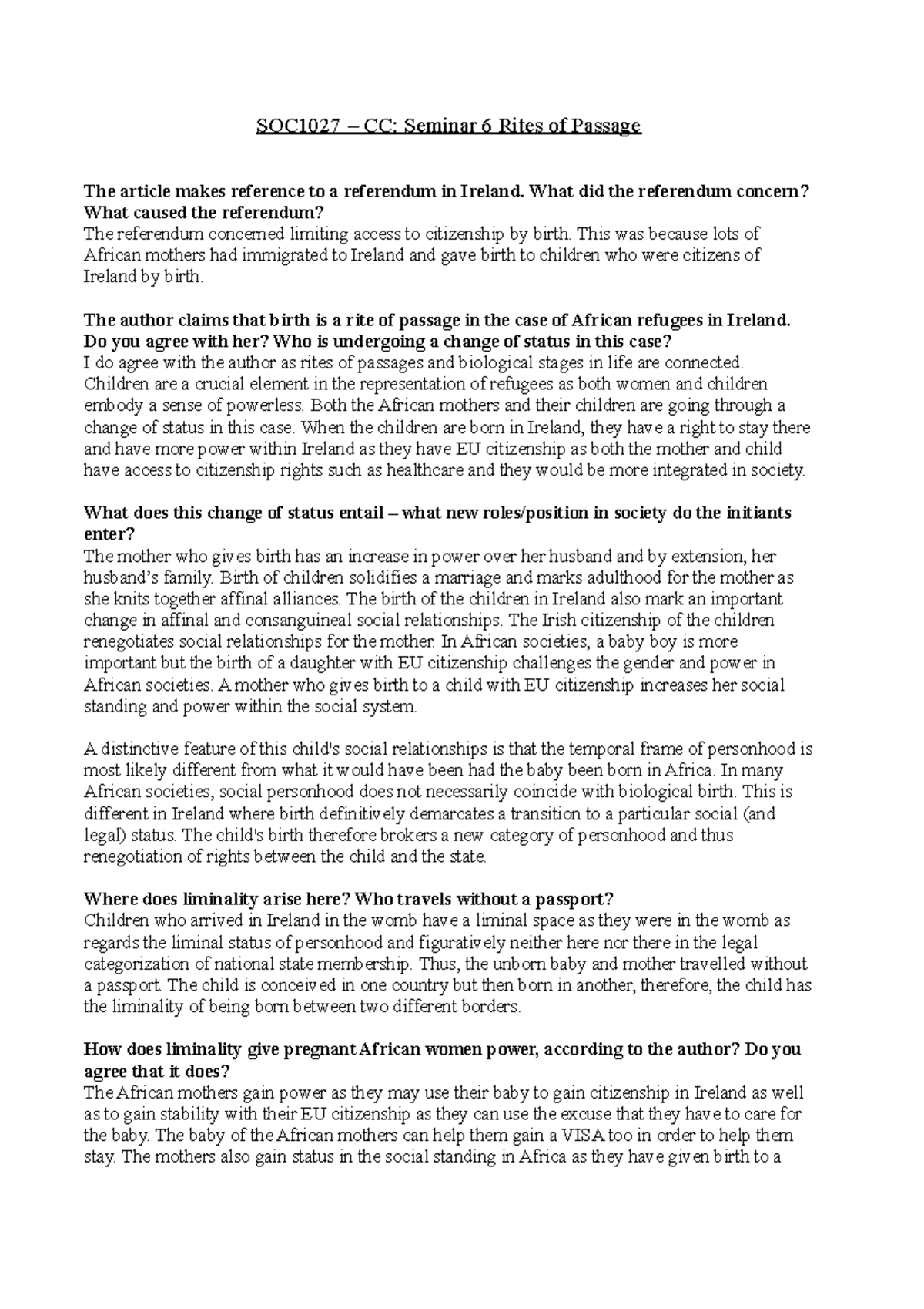 Seminar 6 Rites of Passage - SOC1027 – CC: Seminar 6 Rites of Passage ...