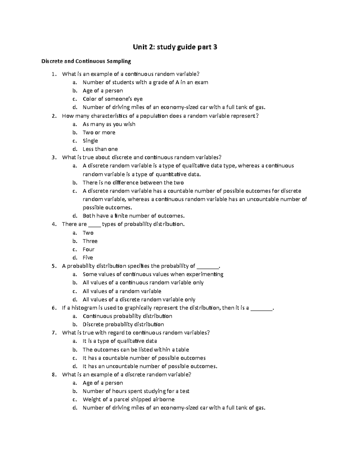 Busn311 unit 2 study guide part 3 - Unit 2: study guide part 3 Discrete ...