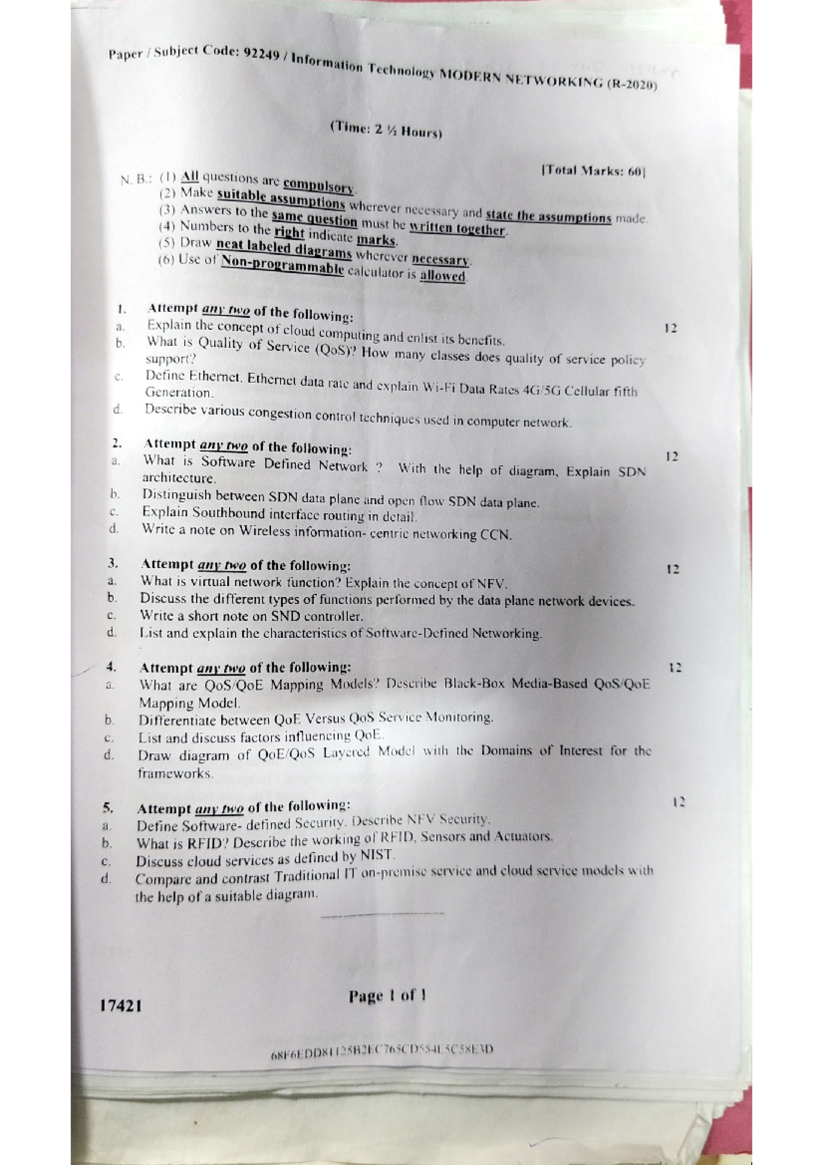 Sem2 mdt Question paper - Paper Subject Code: 92249 Information Technology MODERN NETWORKING ...