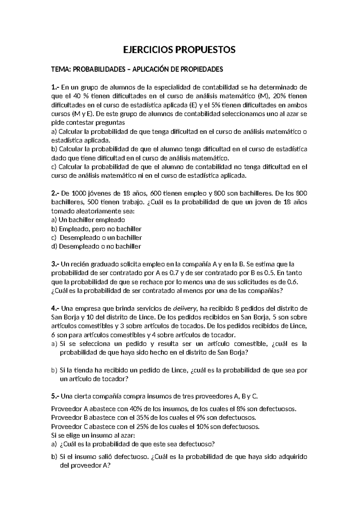 Ejercicios Propuestos- Probabilidades - EJERCICIOS PROPUESTOS TEMA: PROBABILIDADES – APLICACIÓN ...