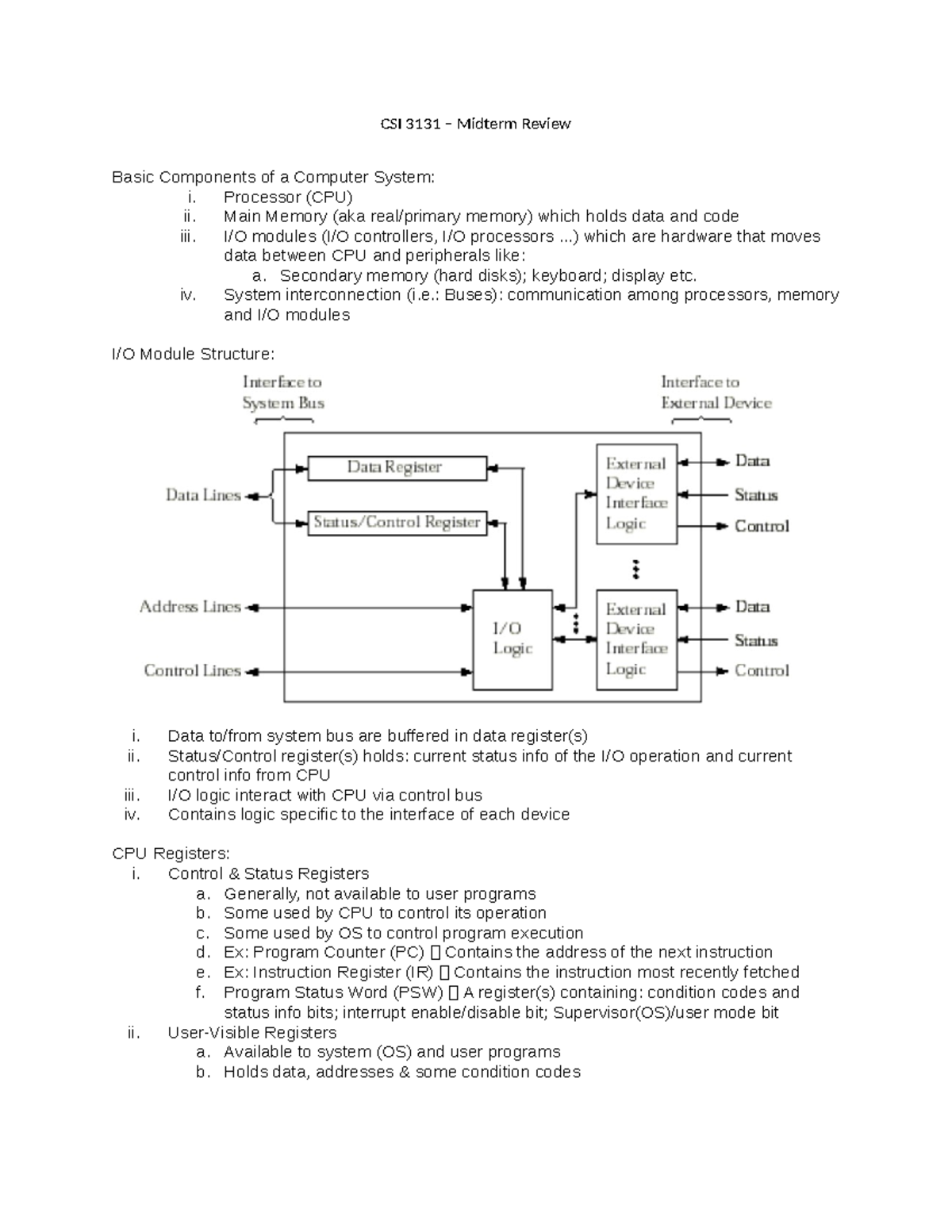 CSI 3131 Mid notes - CSI 3131 – Midterm Review Basic Components of a ...