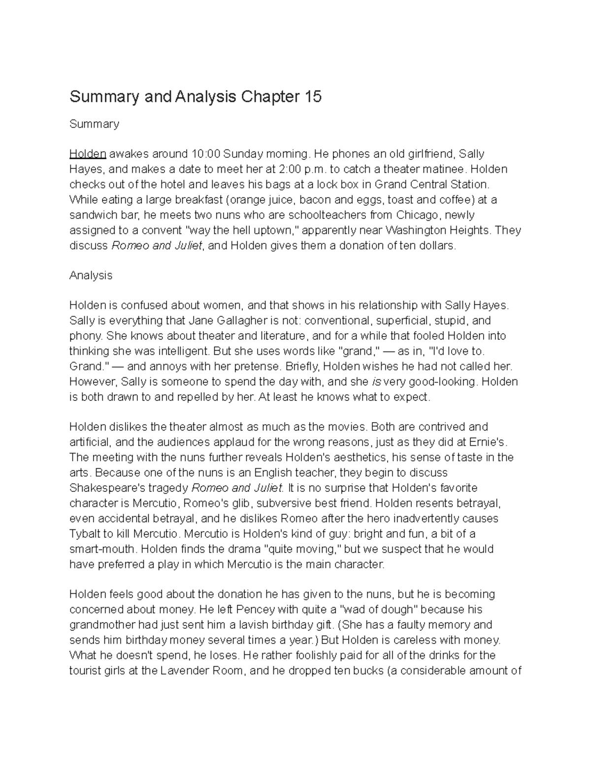 Summary and Analysis Chapter 15 - He phones an old girlfriend, Sally ...