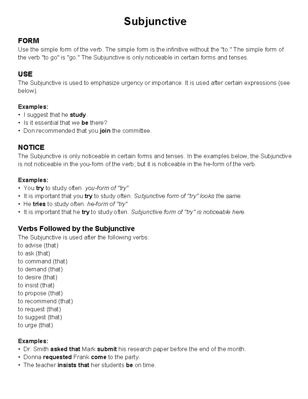 Subjunctive Lesson Exercises - Subjunctive FORM Use the simple form of ...