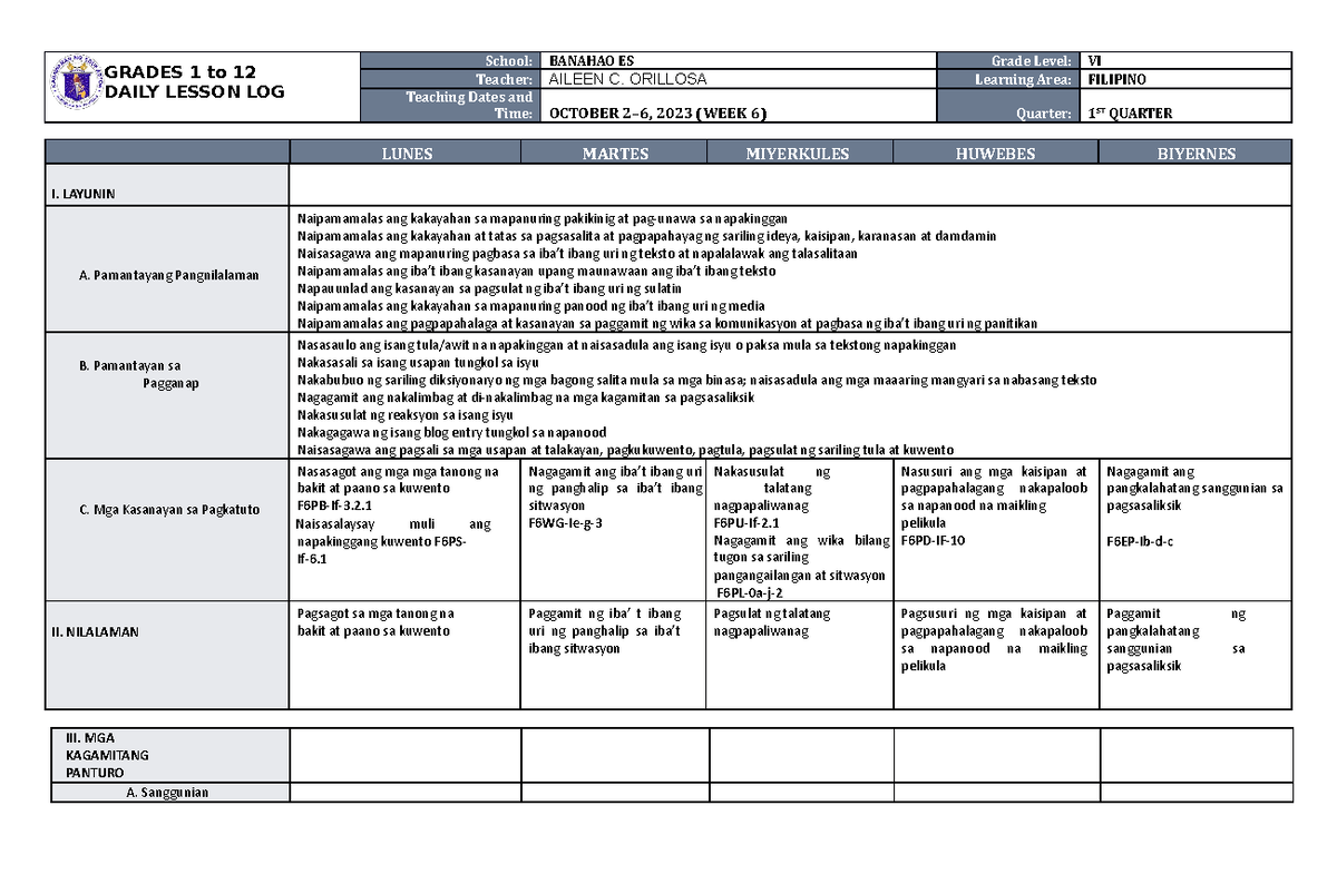 DLL Filipino 6 Q1 W6 - GRADES 1 to 12 DAILY LESSON LOG School: BANAHAO ES Grade Level: VI ...