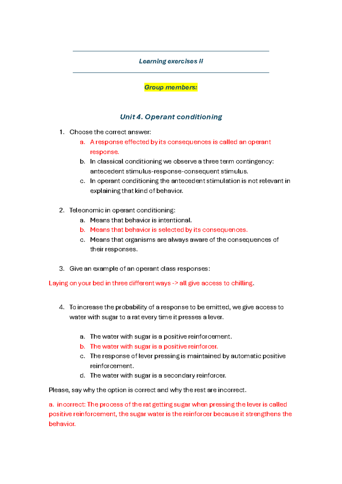 UNIT 4 Activity - Learning exercises II Group members: Unit 4. Operant ...