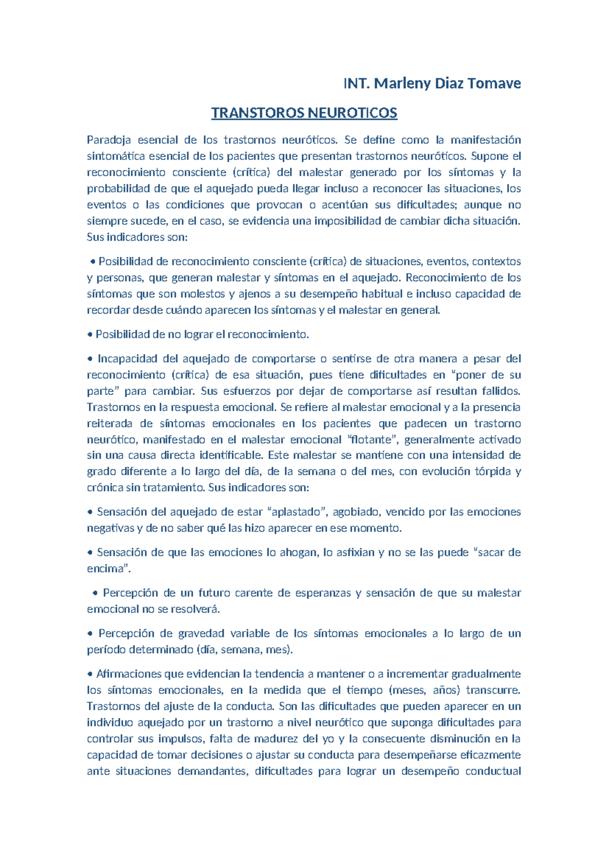 Transtornos Neuroticos - INT. Marleny Diaz Tomave TRANSTOROS NEUROTICOS ...