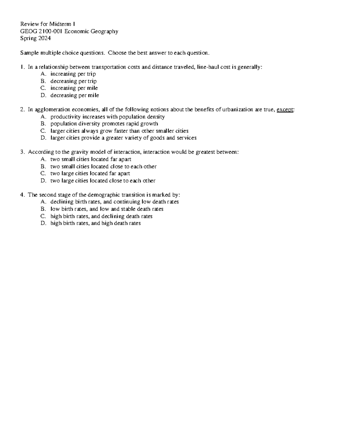 Midterm 1 S24 Review - Review for Midterm 1 GEOG 2100 - 001 Economic ...