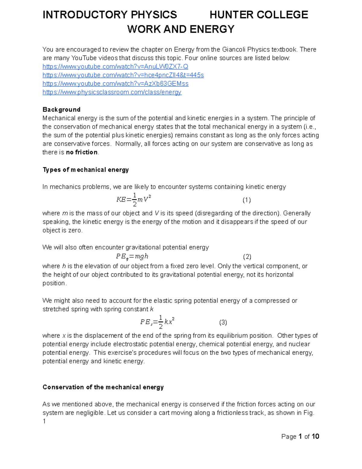Physics Lab 5 - INTRODUCTORY PHYSICS HUNTER COLLEGE WORK AND ENERGY You ...