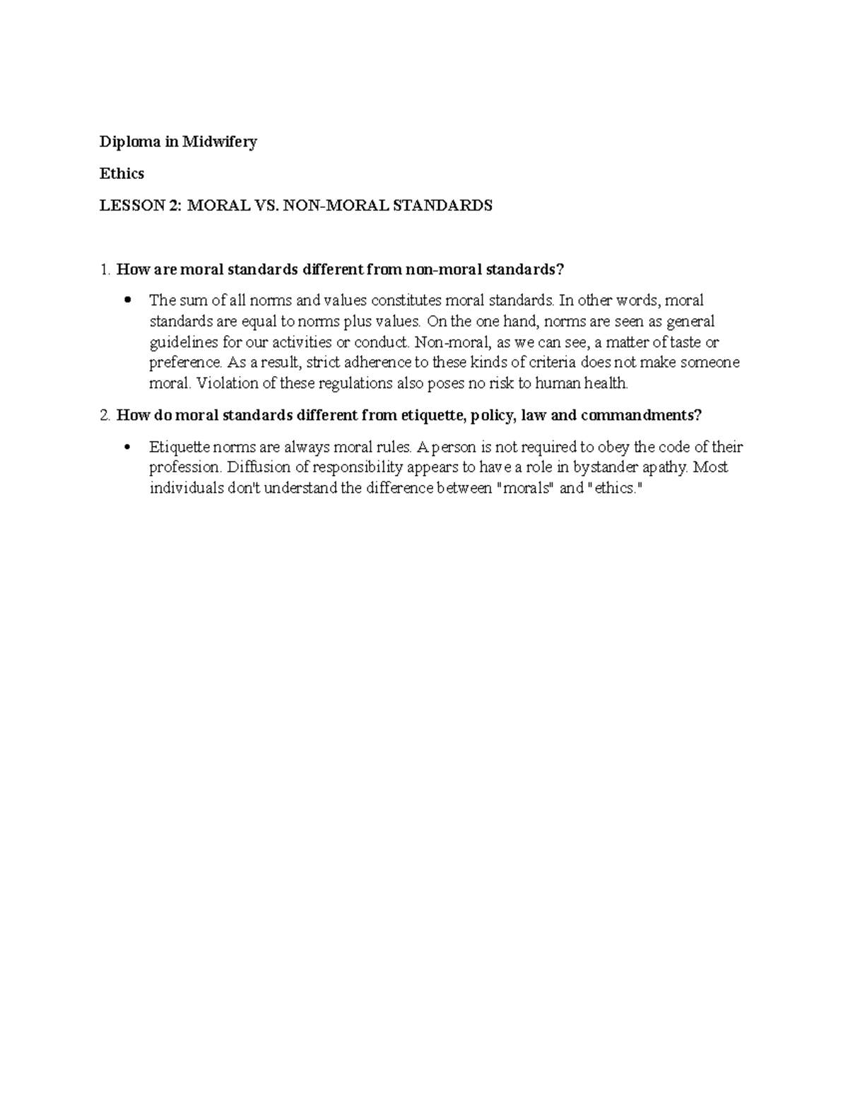 Morals - Diploma in Midwifery Ethics LESSON 2: MORAL VS. NON-MORAL ...