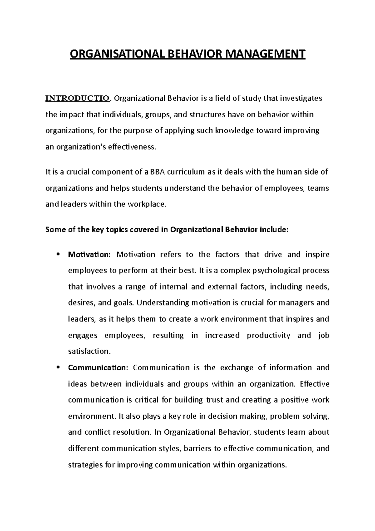 Organisational Behavior Management - ORGANISATIONAL BEHAVIOR MANAGEMENT ...