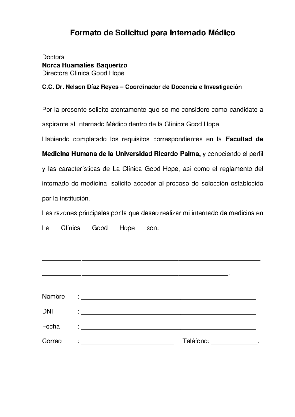 Solicitud internado clinica good hope 2020 - Formato de Solicitud para Internado Médico Doctora ...