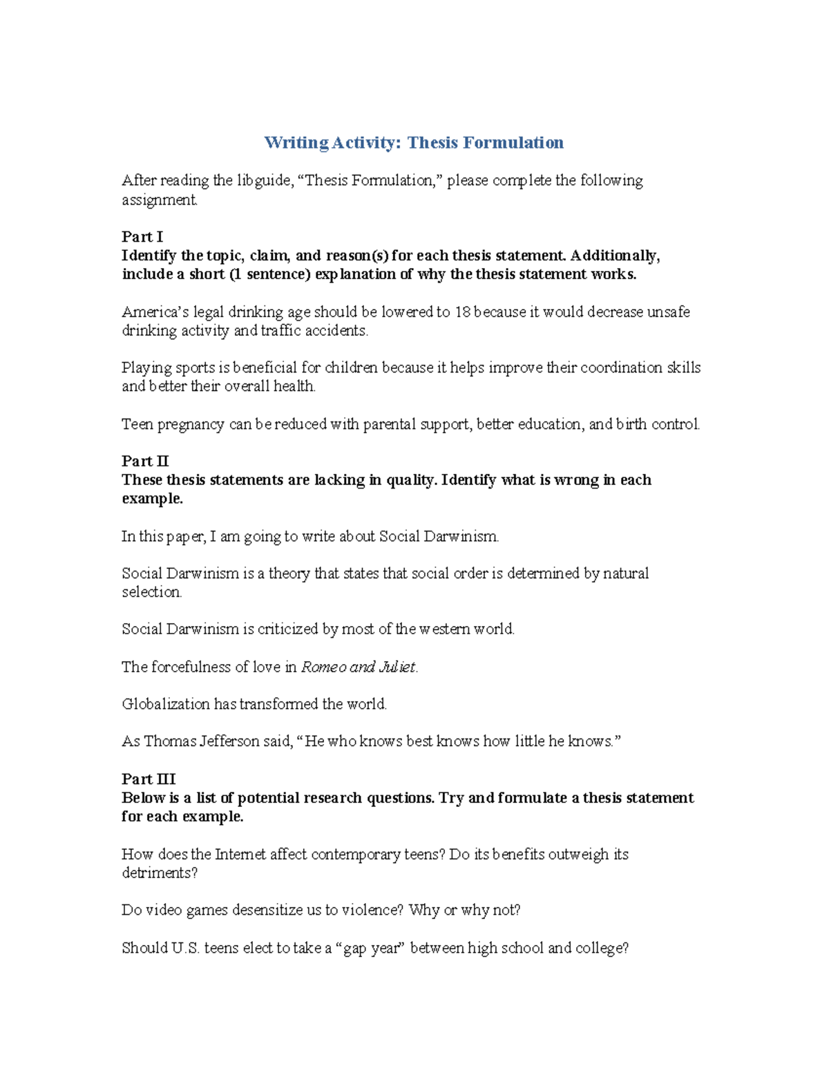 WA Formulating a Thesis in Research methods - Writing Activity: Thesis ...
