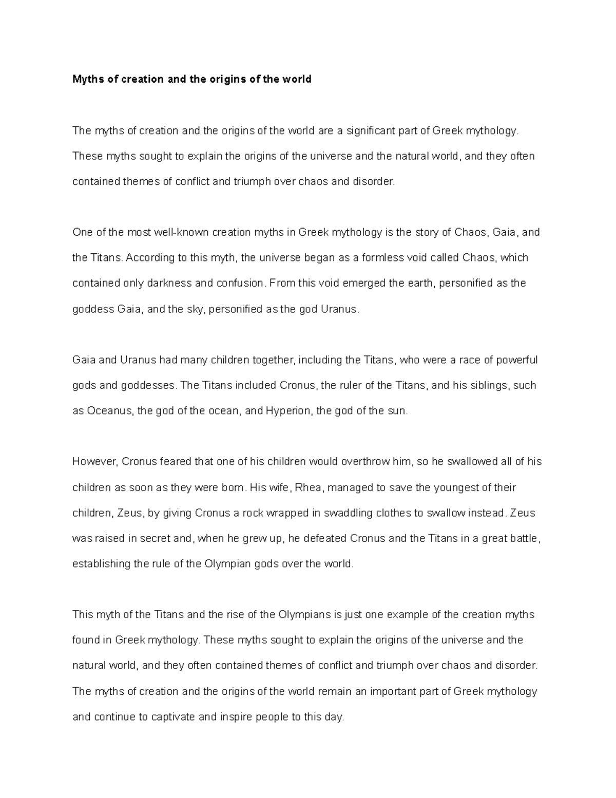 Myth of Creation and the Origins of the World - These myths sought to ...