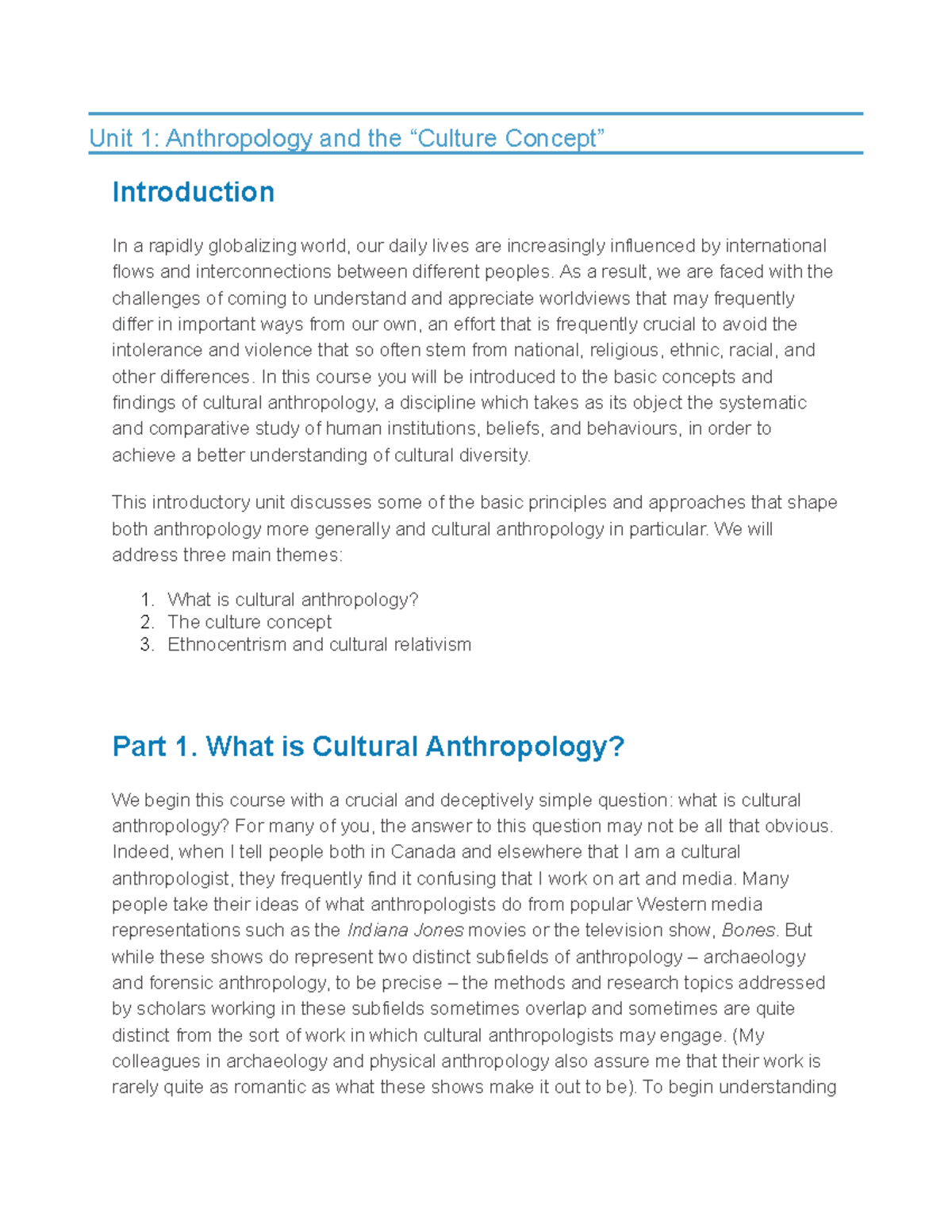 Anth 1220 unit notes - Unit 1: Anthropology and the “Culture Concept ...