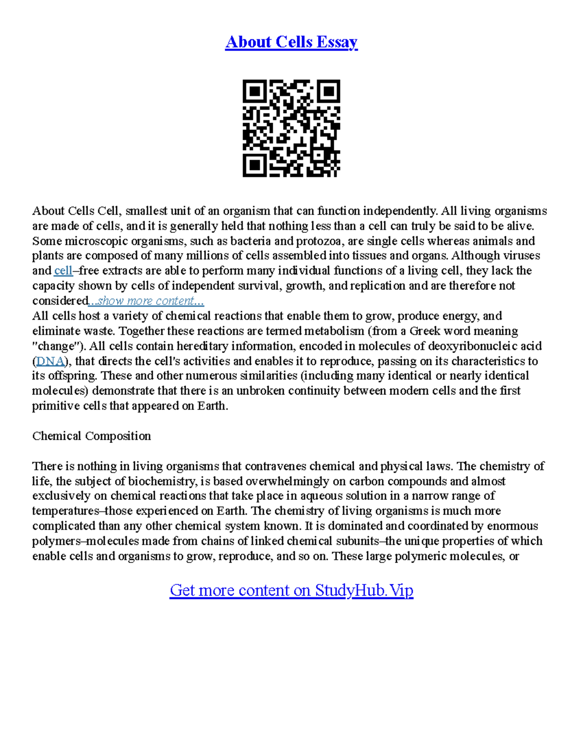 Essay On Cells Essay On Cells - About Cells Essay About Cells Cell ...