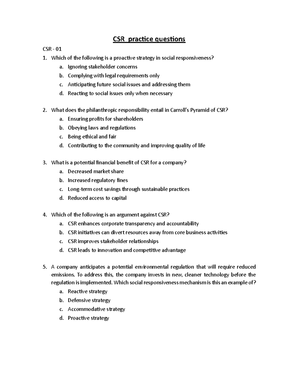 CSR PDF Questions OF 01 AND 02 - CSR practice questions CSR - 01 Which ...