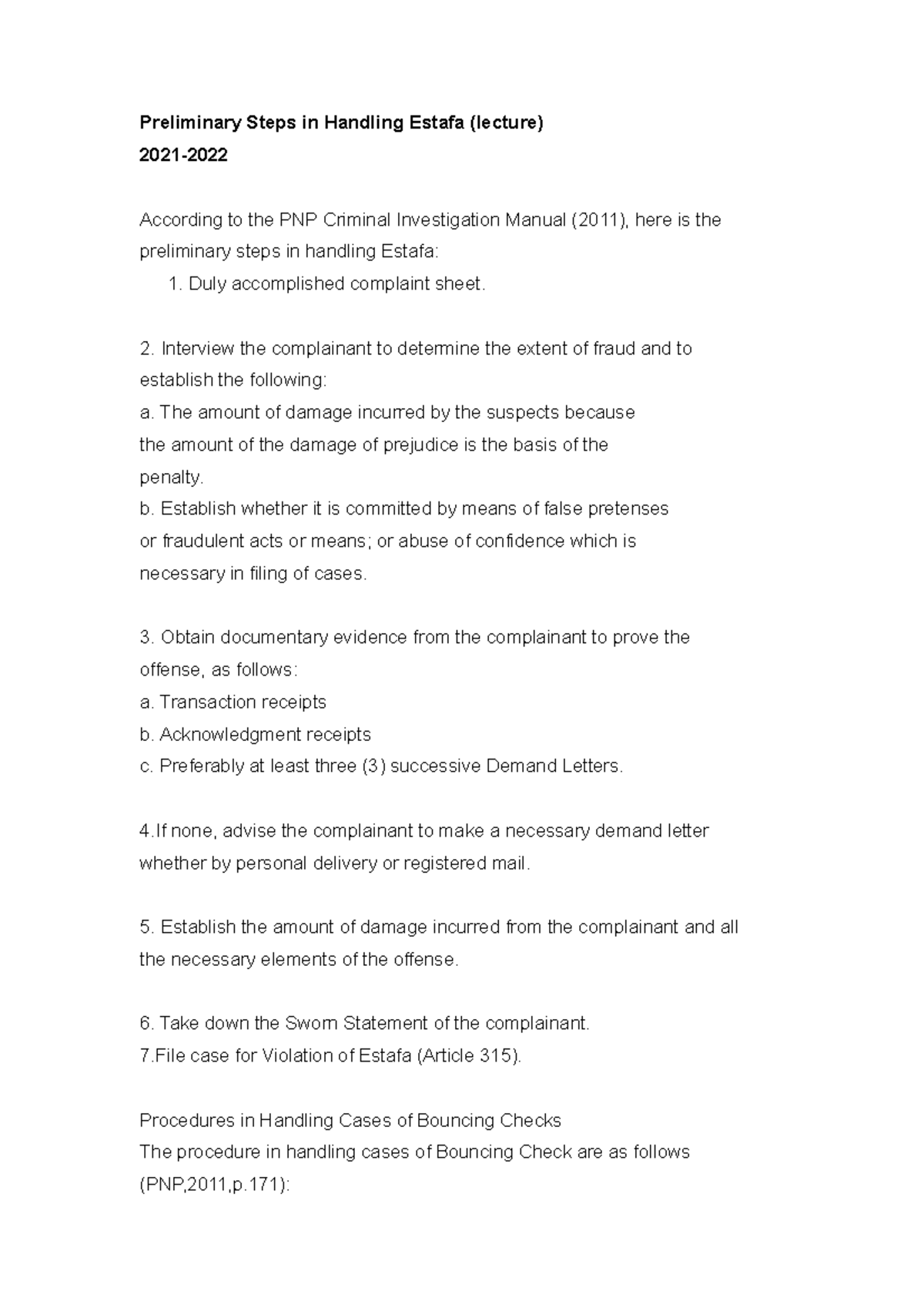 Preliminary Steps in Handling Estafa (lecture) - Preliminary Steps in ...