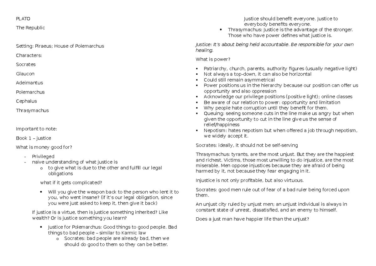 Notes - PLATO The Republic Setting: Piraeus; House of Polemarchus ...