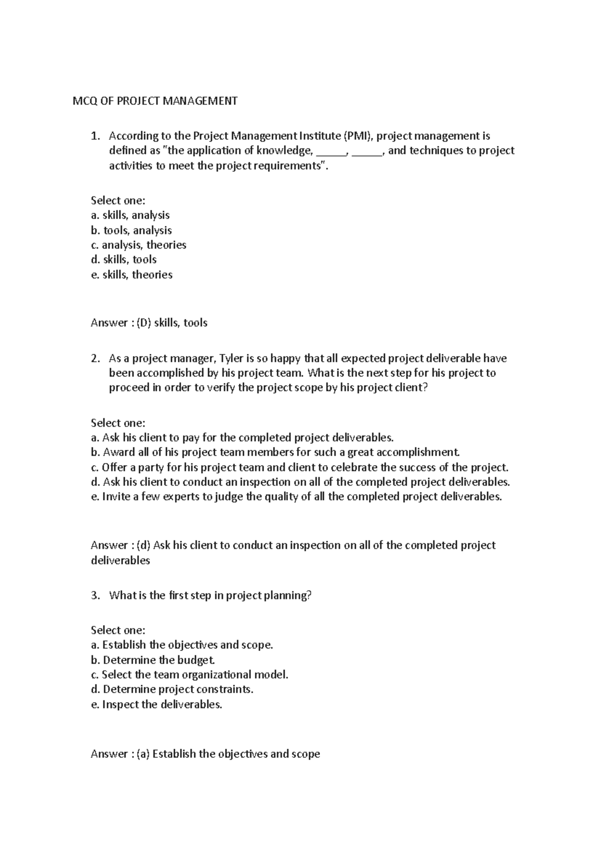 578787197 Mcq of Project Management Part 1 - MCQ OF PROJECT MANAGEMENT According to the Project ...