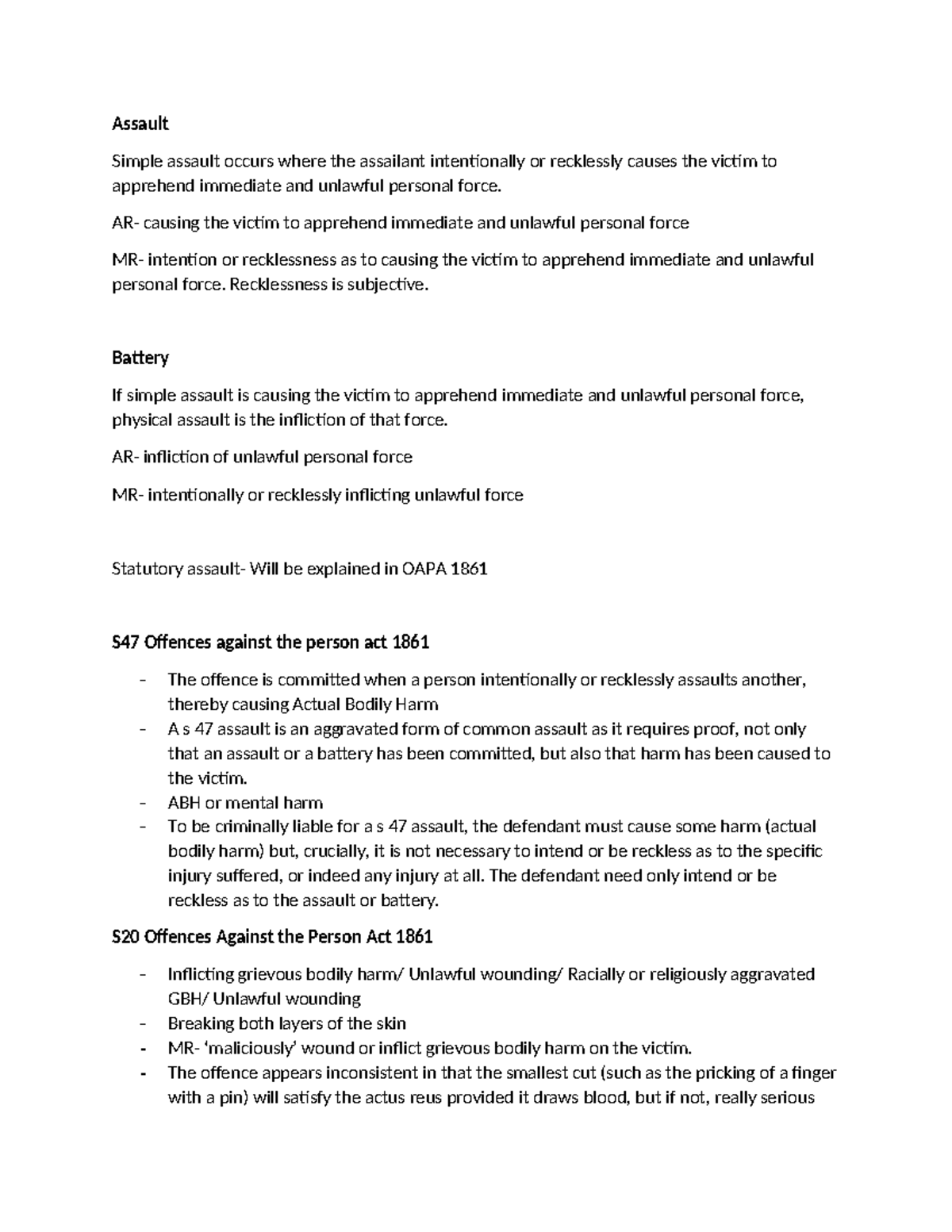 Assualt - Assault - Summary Criminal Law - Assault Simple assault ...