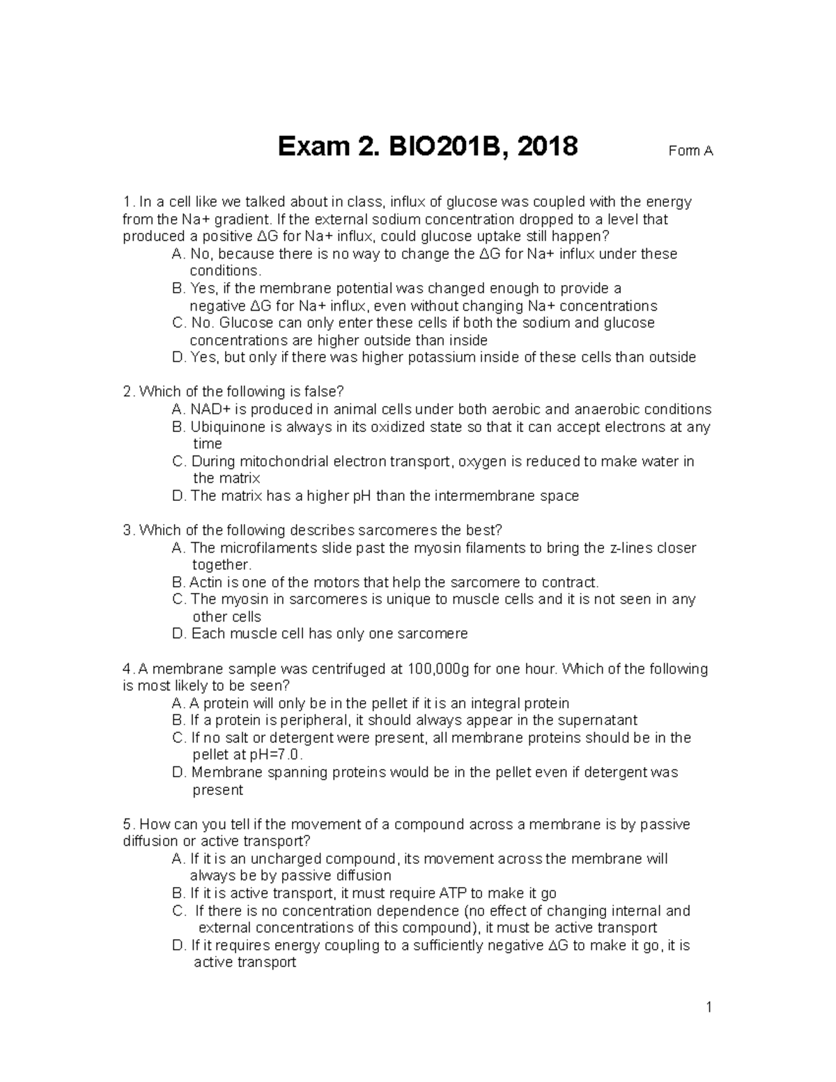 Exam 2 form A 2018 - practice questions - Exam 2. BIO201B, 2018 Form A ...