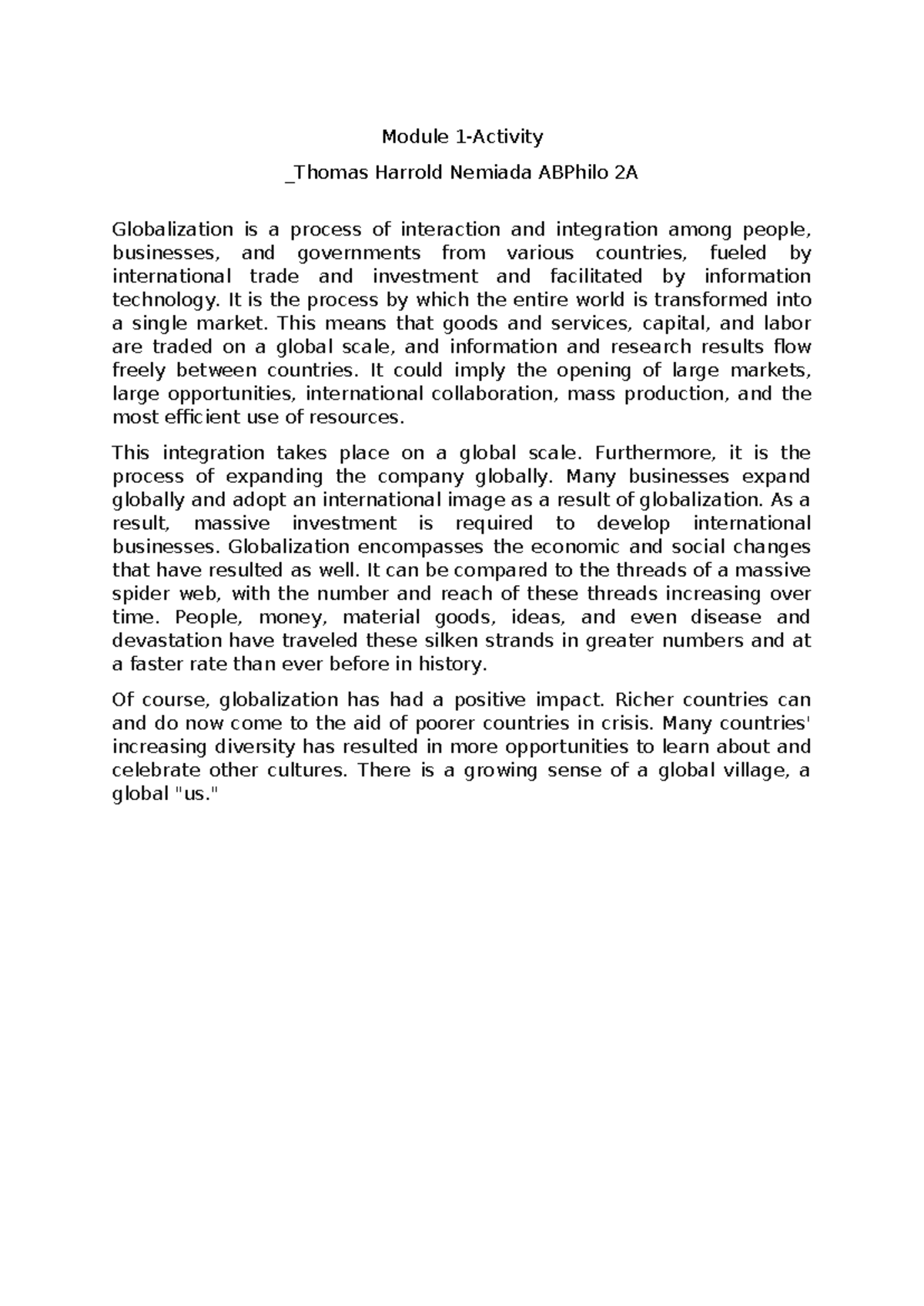 Globalization - Module 1-Activity _Thomas Harrold Nemiada ABPhilo 2A ...