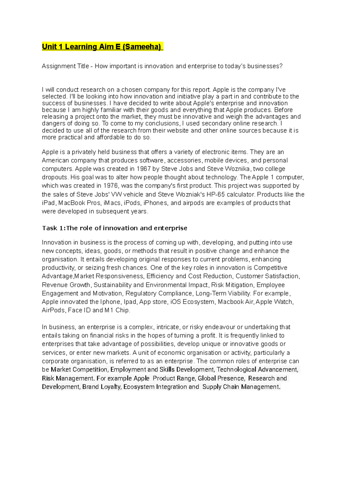 Untitled document - year 7 - Unit 1 Learning Aim E (Sameeha) Assignment ...