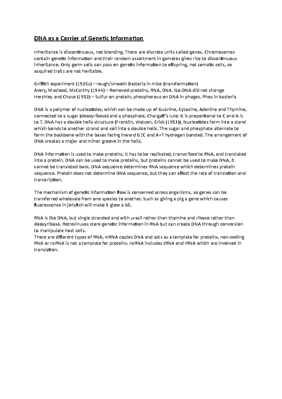 16 - further DNA - Lecture notes 16 - DNA as a Carrier of Genetic ...