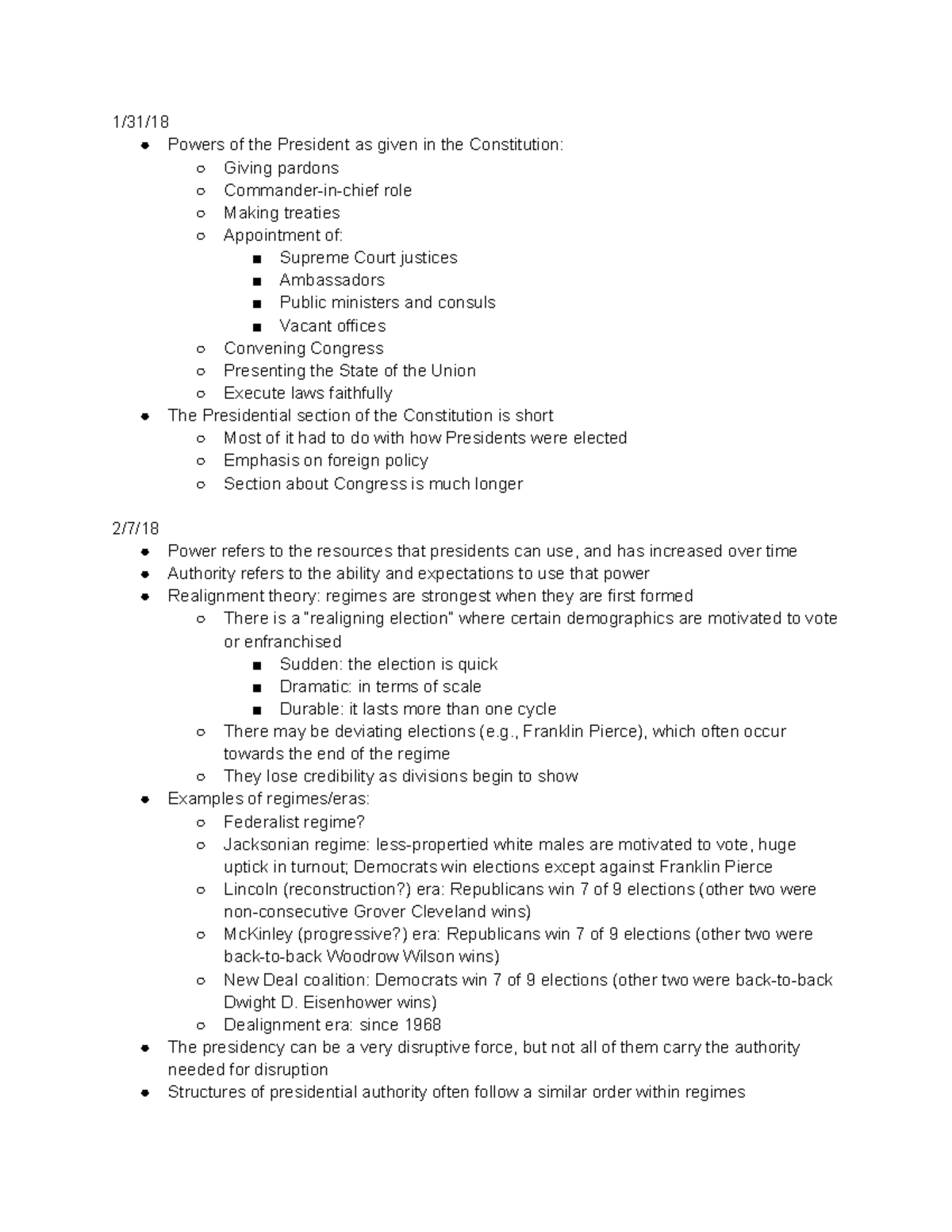 Poli 323 notes - Professor Schaller - 1/31/ Powers of the President as ...