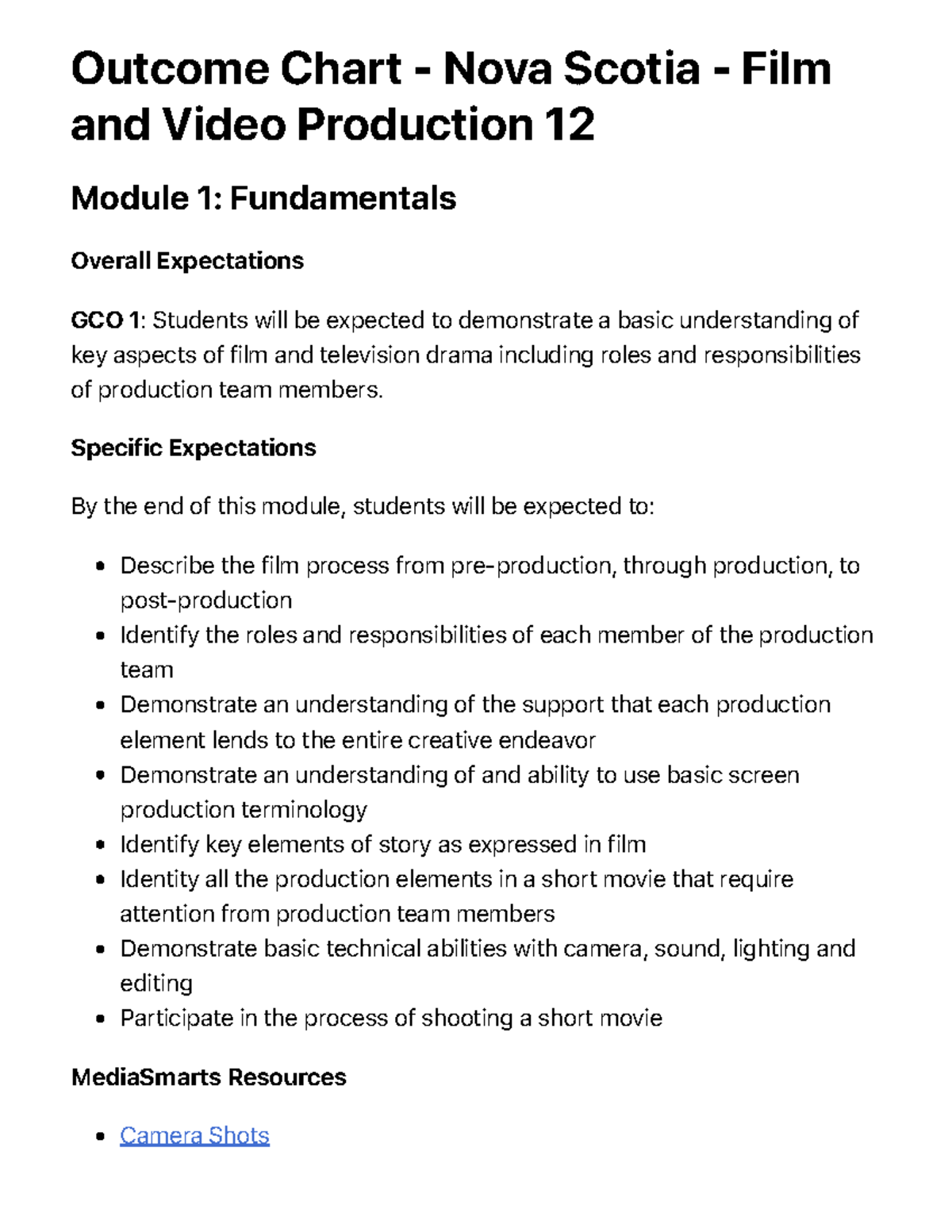 Outcome Chart - Nova Scotia - Film and Video Production 12 Media Smarts ...