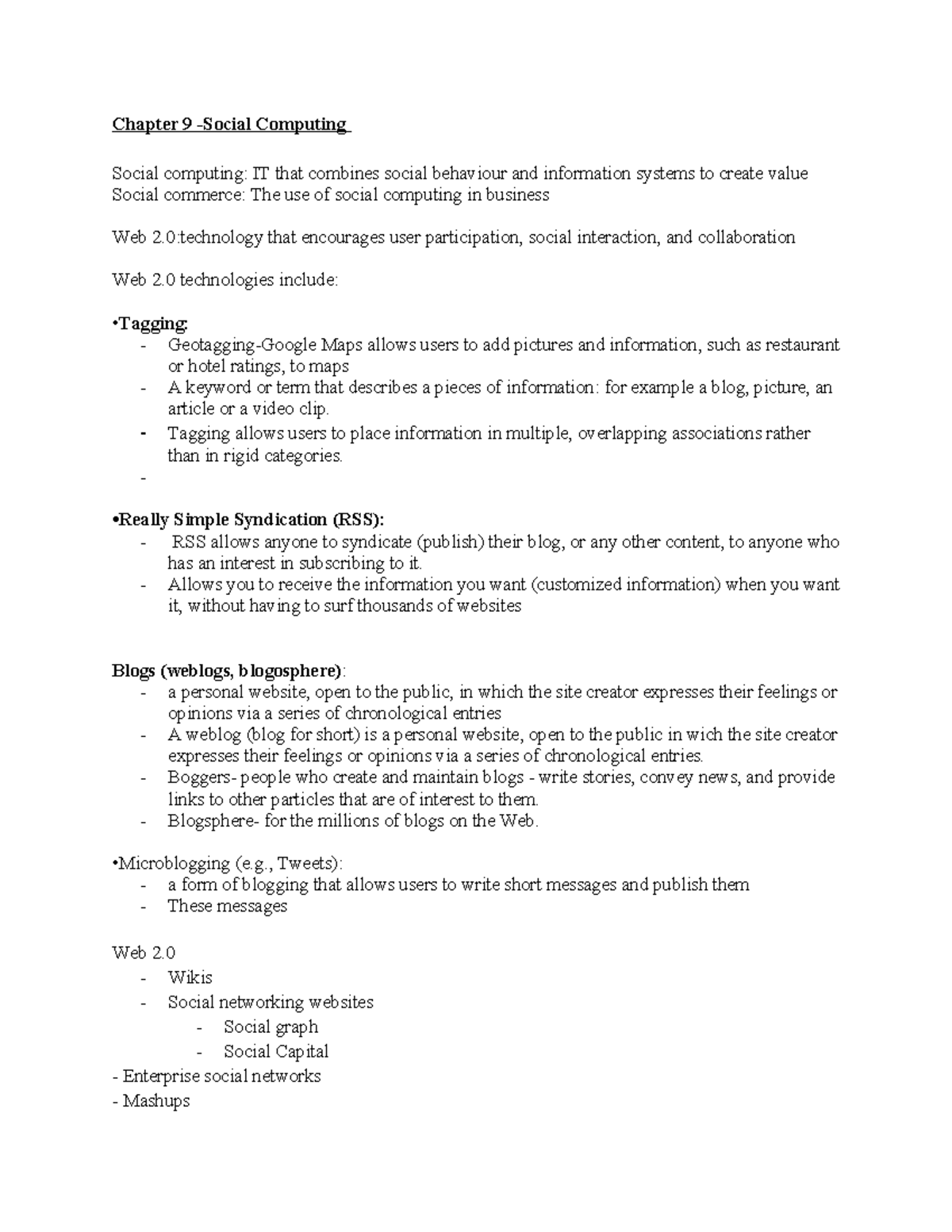 social computing- chapter 9 notes - Chapter 9 -Social Computing Social ...