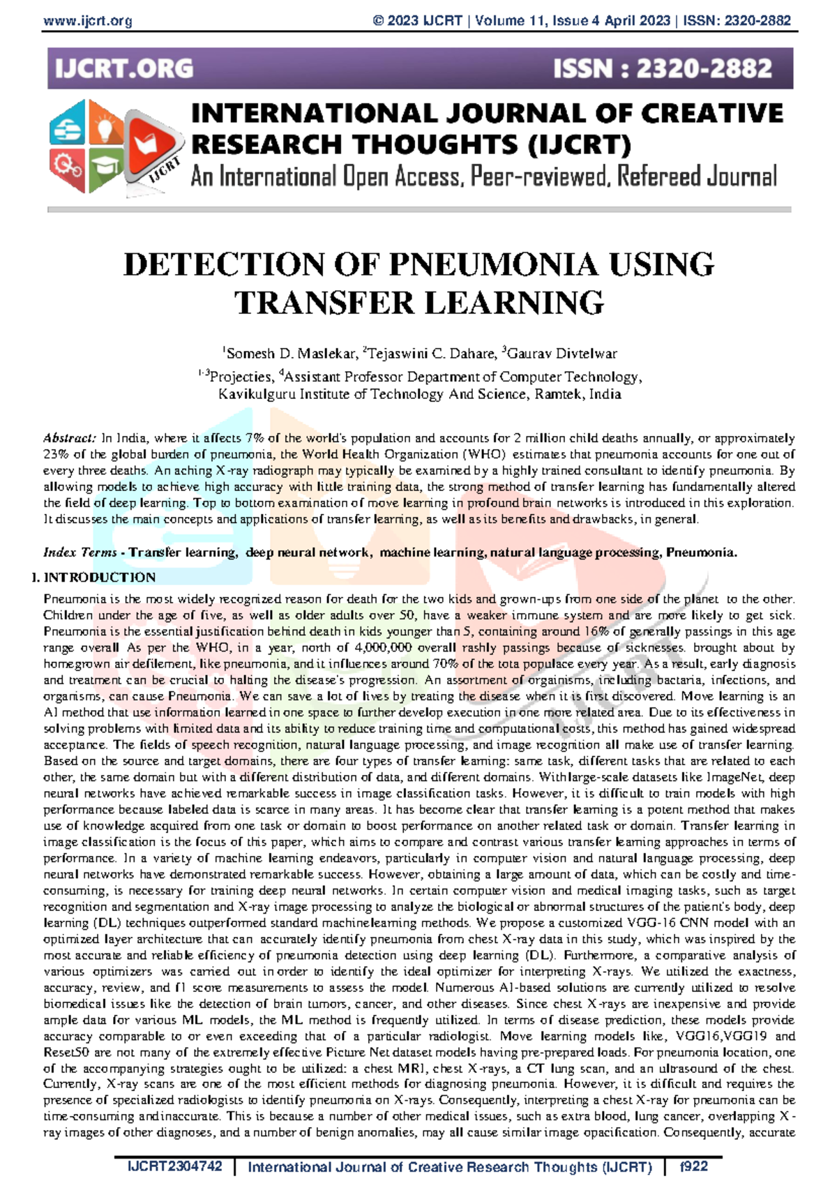 Detection OF Pneumonia Using Transfer Learning - DETECTION OF PNEUMONIA USING TRANSFER LEARNING ...