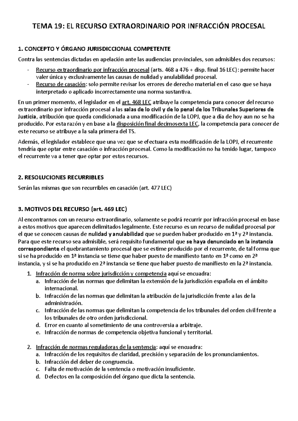 TEMA 19. REC Extraordinario POR Infracción Procesal - Warning: TT: undefined function: 32 TEMA ...