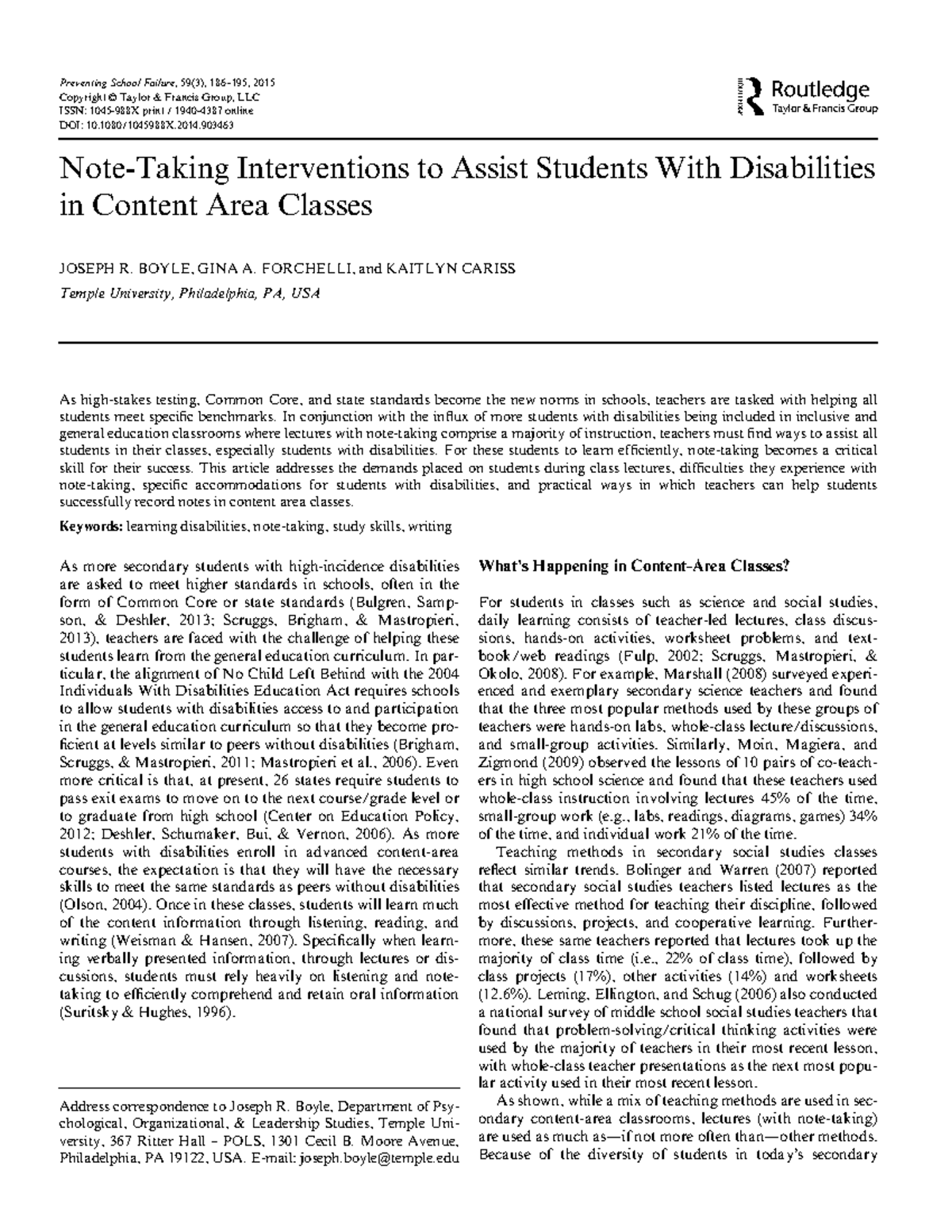 EJ1061765 - Note-Taking Interventions to Assist Students With ...