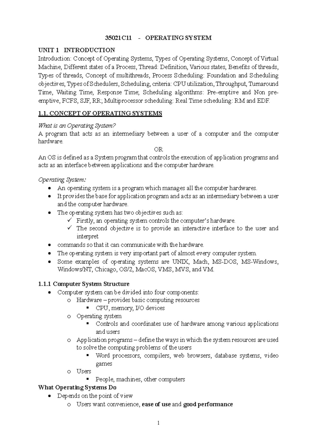 OS UNIT 1 Notes - 35021C11 - OPERATING SYSTEM UNIT 1 INTRODUCTION ...