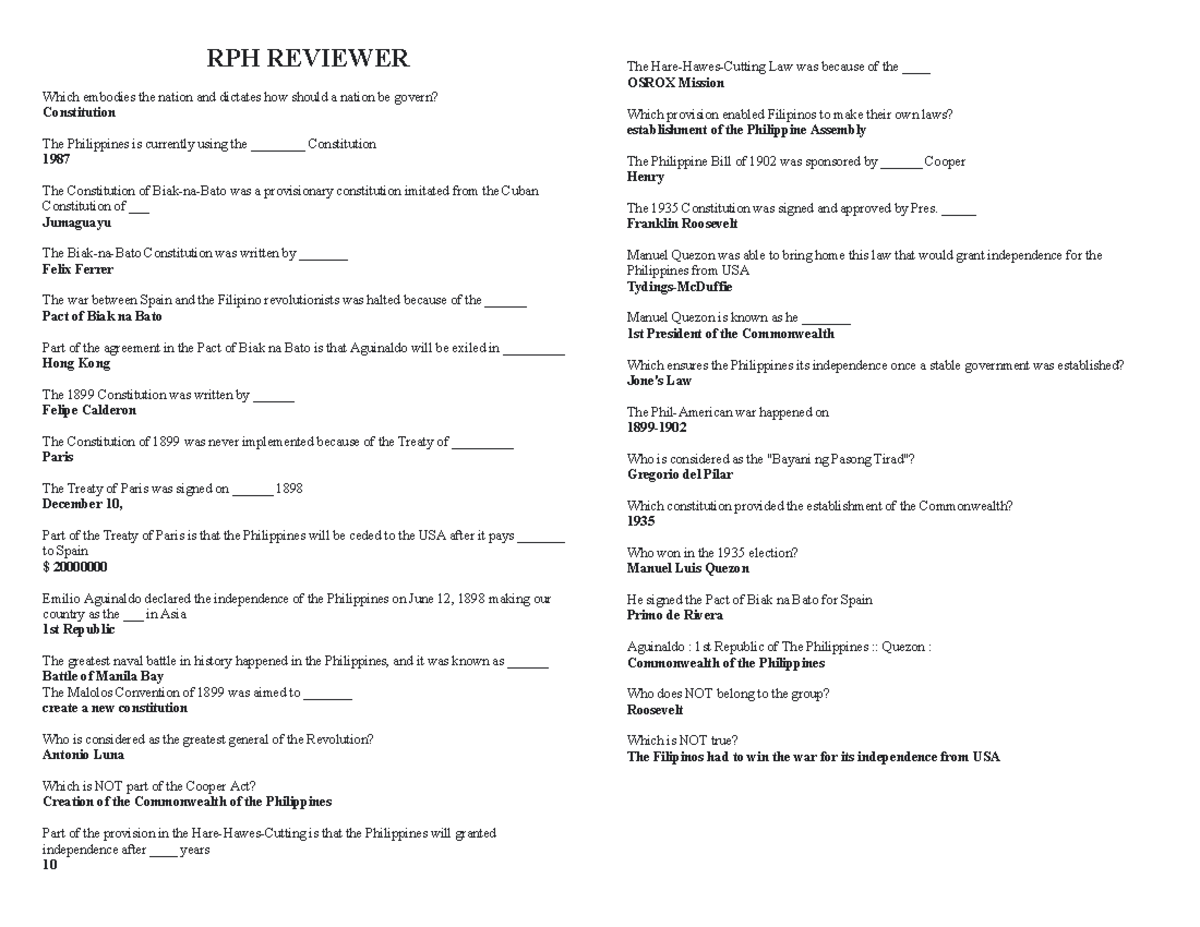RPH Reviewer - RPH REVIEWER Which embodies the nation and dictates how ...